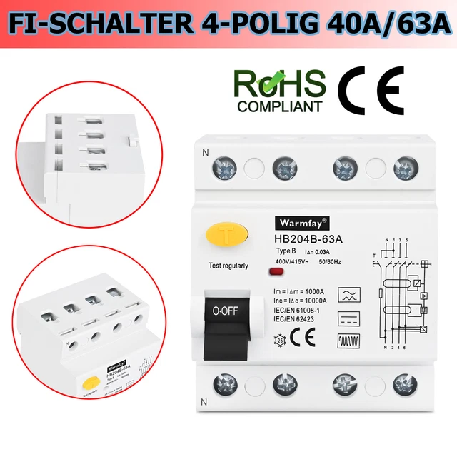 FI FEHLERSTROMSCHUTZSCHALTER RCD Typ B Wallbox E-Auto Allstromsensitiv ...