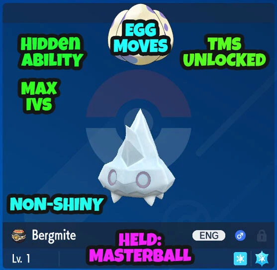 POKEMON SCARLET VIOLET (#363) BERGMITE - Egg Moves/H Abilities/TMs/IVs ...