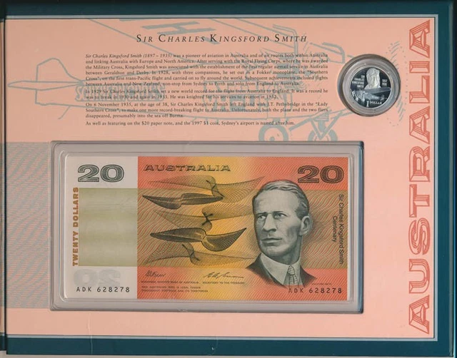 AUSTRALIA: 1997 $20 "KINGSFORD SMITH NOTE & RARE SILVER COIN" NPA Folio ...