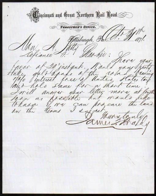 CINCINNATI AND GREAT Northern Rail Road - 1871 Pittsburgh Pa - Letter ...