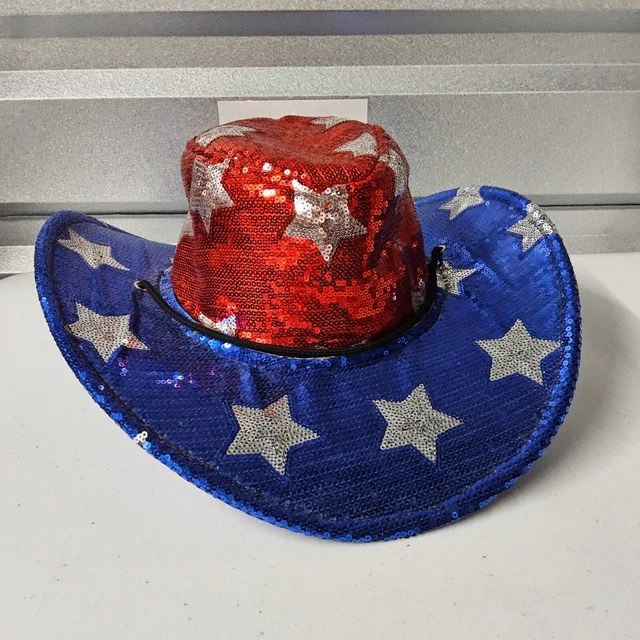 SEQUIN COWBOY HAT Patriotic Red White Blue Star USA Fourth of July ...