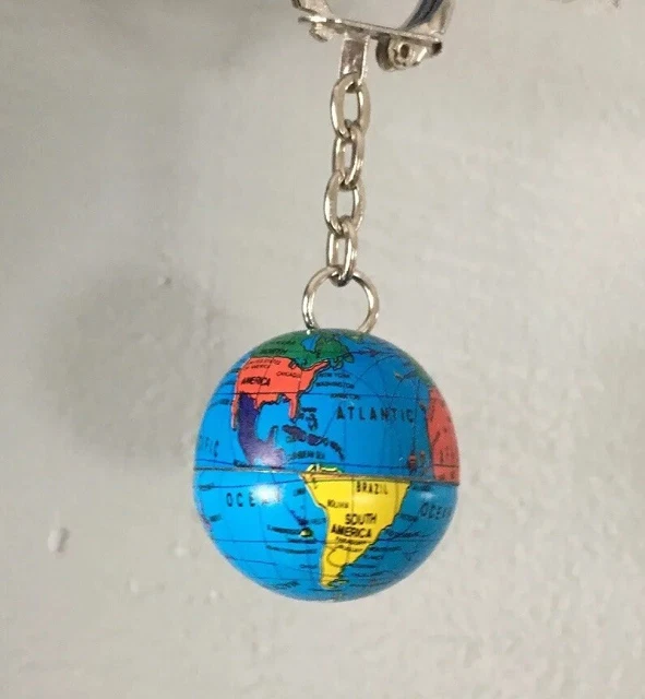 VINTAGE KEYCHAIN WORLD GLOBE MAP Key Ring Tin Litho Fob Multicolored ...
