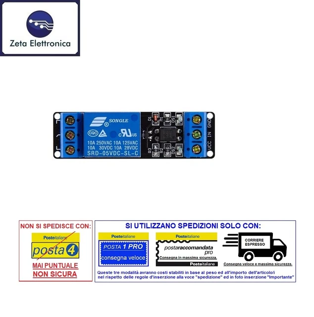 MODULO SCHEDA RELE' Arduino 5V Dc A 1 Canale 220V 250V 10A Ac Relay ...