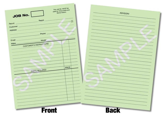 A5 GARAGE WORKSHOP REPAIR JOB CARD - WORKS CARDS - JOB SHEET Green Card ...