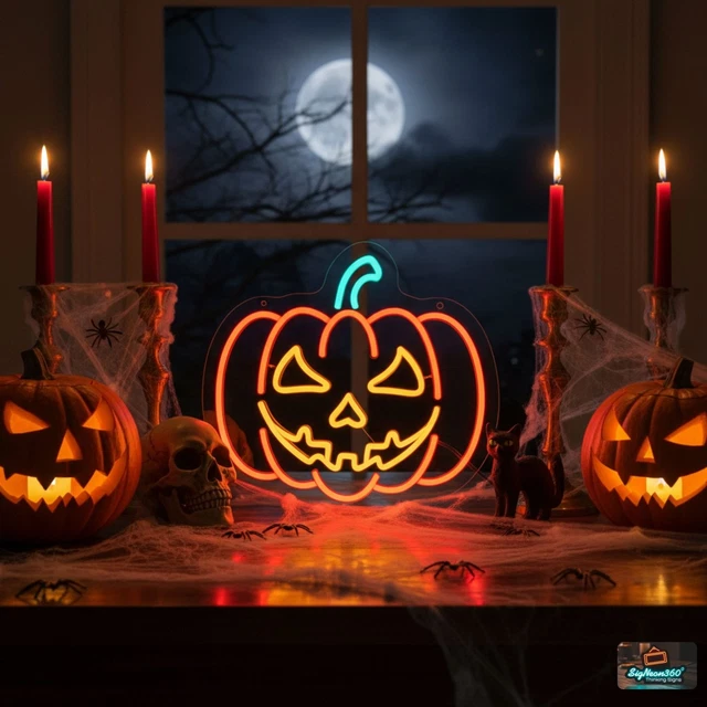 SPOOKY PUMPKIN NEON Sign Halloween Wall Light Party Decoration Bar Home ...