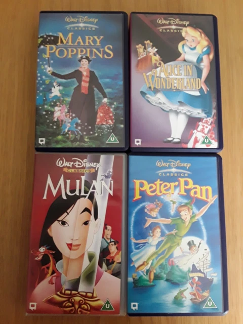 4 DISNEY VHS Videos, Peter Pan, Mulan, Mary Poppins, Alice In ...