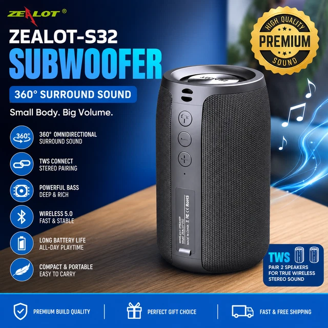 ZEALOT S32 BLUETOOTH Speaker Wireless Portable Bass Subwoofer TWS ...