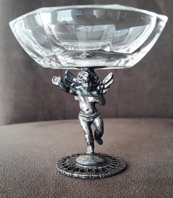 COUPE CRISTAL SUR pied Métal argenté Chérubin Ange Putto Angel TBEtat ...