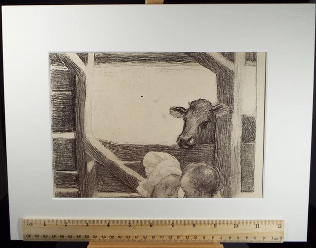 ORIGINAL PENCIL DRAWING, 'Two children and a Cow', Susan Beatrice ...