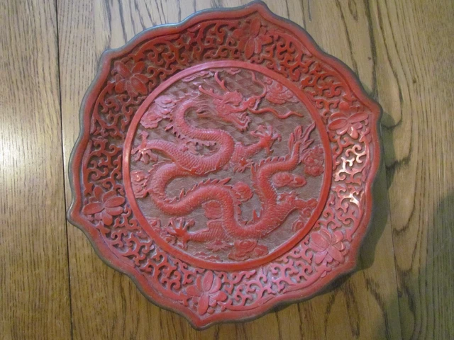 ANTIQUE QING DYNASTY Red Lacquer Cinnabar 8" Chinese Dragon Plate. £207 ...