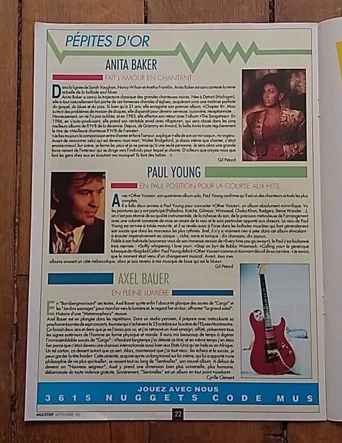 PAUL YOUNG / Anita BAKER/ Axel BAUER France press clipping 80s magazine ...