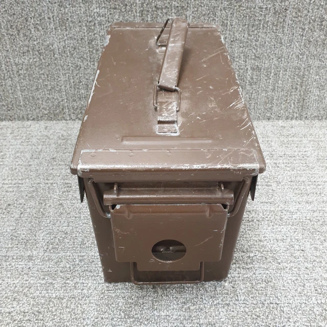 BRITISH ARMY AMMO box, cartridges small arms, brown, metal tin tool box ...