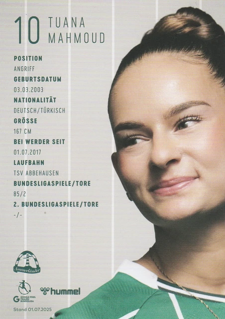TUANA MAHMOUD AUTOGRAMMKARTE 2025/2026 WERDER BREMEN 2025/26 NEU 25/26 ...