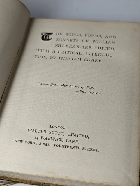 THE SONGS POEMS & Sonnets of William Shakespeare By William Sharp 1890 ...