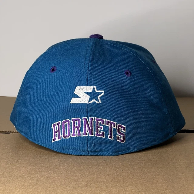 VINTAGE CHARLOTTE HORNETS Hat Cap Fitted 7 3/8 Blue Purple Starter Arch ...