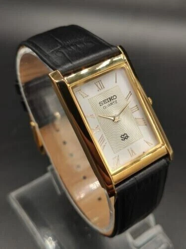 RARE SEIKO QUARTZ Slim Japan Made Gold Dial Men's Wrist Watch Faux Leather Strap £21.71 ...