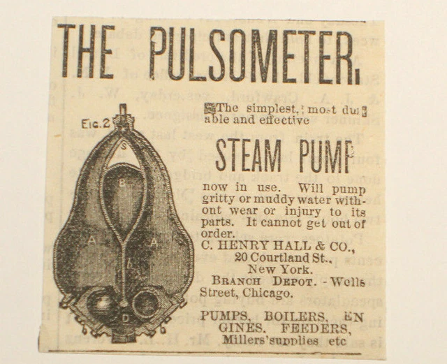 1875 PULSOMETER Steam Pump C. Henry Hall NY Wells St, Chicago Vintage ...