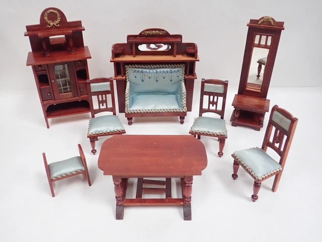 ANCIEN MOBILIER DE maison de poupée /bois et soie bleue /Bru / Jumeau porcelaine EUR 80,00 ...