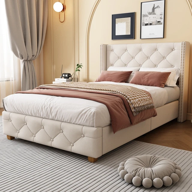 SINGLE BED FRAME with Headboard, Solid Wooden Slats Upholstered ...