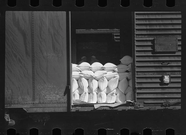FREIGHT CAR LOADED with sacks of flour, Pillsbury mills, Minneapol ...