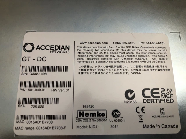 ACCEDIAN NETWORKS GT-DC MetroNID Performance Monitoring w/ No PSU -Inc ...