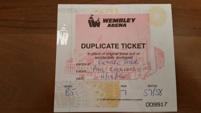 PHIL COLLINS RARE Original Wembley Arena Replacement/Duplicate Ticket ...