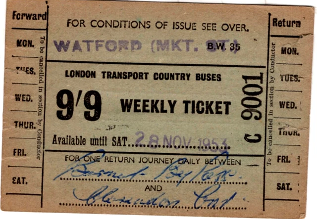 BUS TICKET: LONDON Transport (Country Buses): 9/9 weekly, 1953, code ...