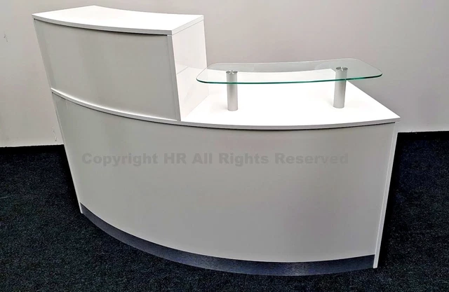 WHITE RECEPTION DESK,WHITE Gloss Curved Glass Unit Aluminium Plinth ...
