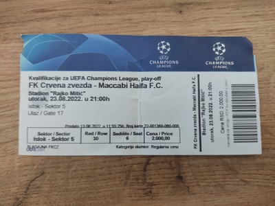 UEFA CRVENA ZVEZDA/HAIFA Collection Football Ticket 8/23/2022 Rare £4. ...