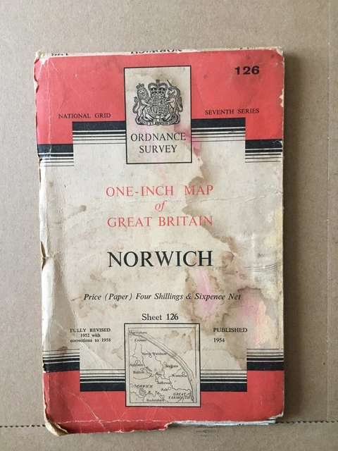 VINTAGE ORDNANCE SURVEY 1" Inch Map Norwich Sheet 126 Seventh Series ...