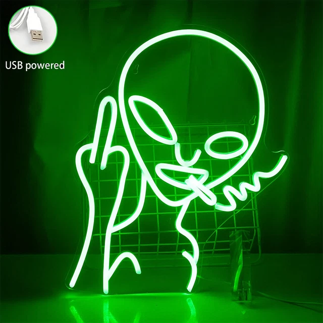 GREEN ALIEN LED Neon Sign Night Light USB Powered Bedroom Wall Lamp ...
