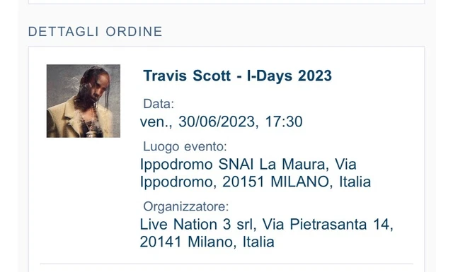 BIGLIETTO TRAVIS SCOTT Milano 30/06/2023 biglietto POSTO SINGOLO ...