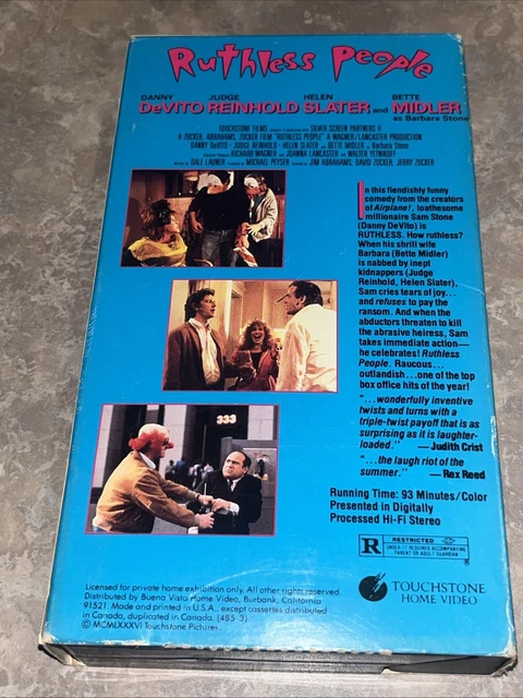 RUTHLESS PEOPLE VHS Starring Danny DeVito Bette Midler Judge Reinhold ...
