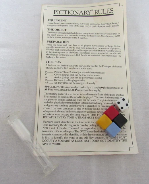 PICTIONARY BOARD GAME Spares 1987 - 4 Playing Pieces , Timer , Die ...