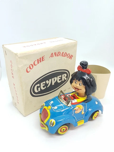 VINTAGE TINPLATE RARE Familia Telerin Geyper Tin Toy Clockwork Car Cleo ...