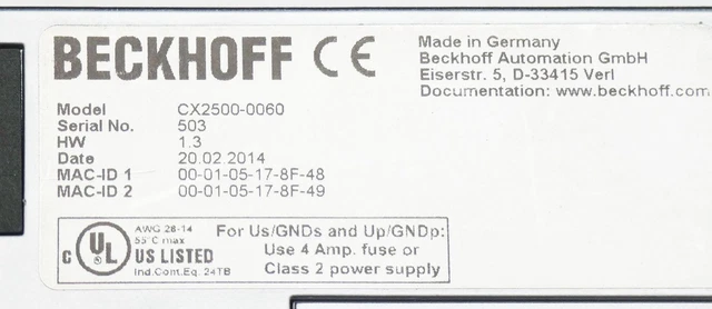 BECKHOFF CX2500 CX2500-0060 CX25000060 CX2500 0060 HW: 1.3 Ethernet ...