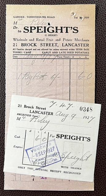 1927 SPEIGHT'S FRUIT & Potato Merchants, 21 Brock Street, Lancaster ...
