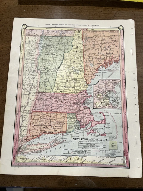 ANTIQUE MULTICOLOR 1885 Map Of New England States 12x10 £18.90 ...