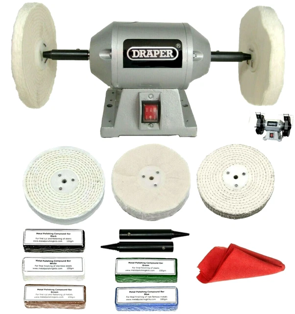 250W DRAPER 6& Bench Grinder With Add-On Metal Polishing Kit 7" x 1/2 ...