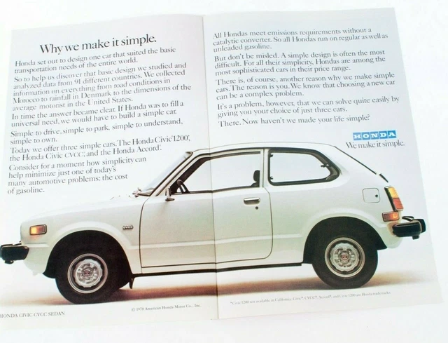 HONDA WE MAKE It Simple Car Civic Print Ad Advert Original Vintage 1978 ...