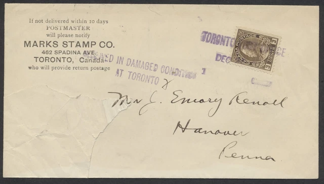 MARKS STAMP CO Cover RECEIVED IN DAMAGED CONDITION AT TORONTO Large ...