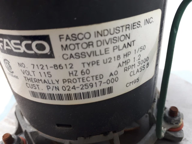 FASCO 7121-8612 DRAFT Inducer Blower Motor 1/50HP 3000RPM 024-25917-000 ...