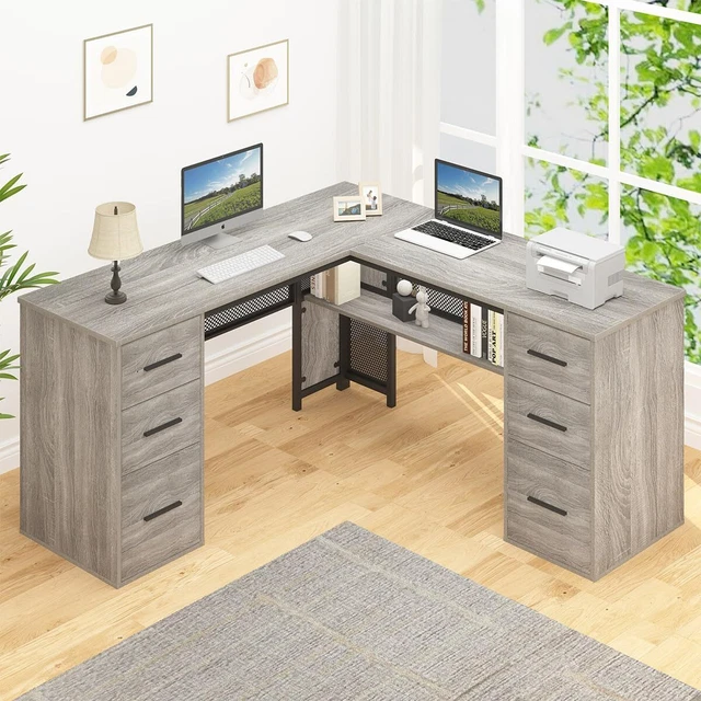 LARGE L SHAPED Desk Storage File Cabinet Corner L-Shaped Computer Desk ...