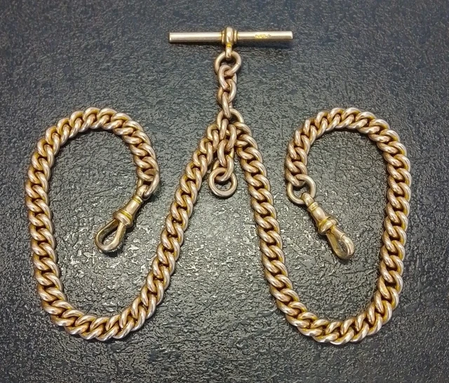 ANTIQUE ROLLED GOLD Curb Link Double Albert Pocket Watch Chain, By T+H ...