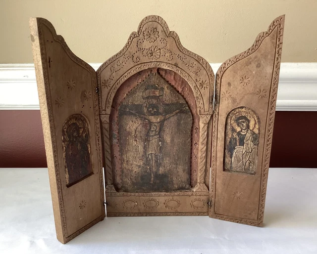 ANTIQUE WOOD TRIPTYCH, Crucifixion Of Jesus & Archangels/ Christian Travel Icon £259.26 ...