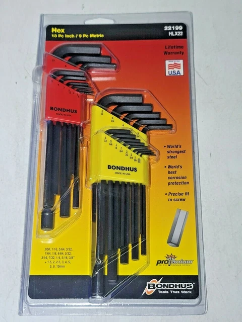 BONDHUS PROGUARD 22PC Long SAE & Metric Hex Key/ Allen L-Wrench Set ...