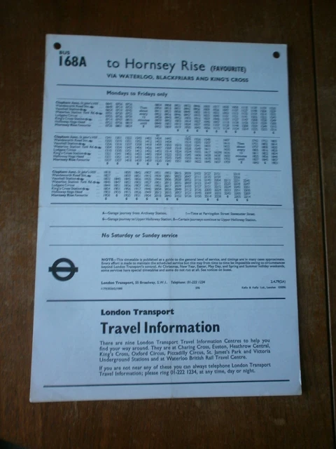 LONDON TRANSPORT BUS Stop Panel Timetable-Route 168A, 1979 £1.00 ...