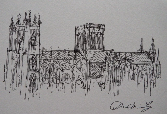 ORIGINAL SMALL PEN & ink sketch drawing of York Minster on watercolour ...