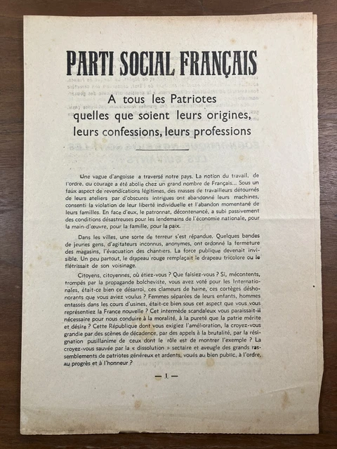 PARTY SOCIAL FRENCH 1937 Colonel de La Rocque Nationalism WW2 Droite ...