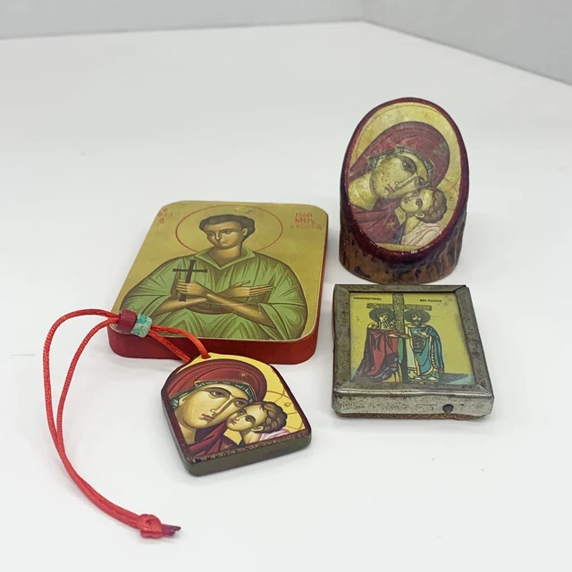 GREEK RUSSIAN ORTHODOX Icons Lot 4 Faux Bois Log Mary Jesus St Joseph ...